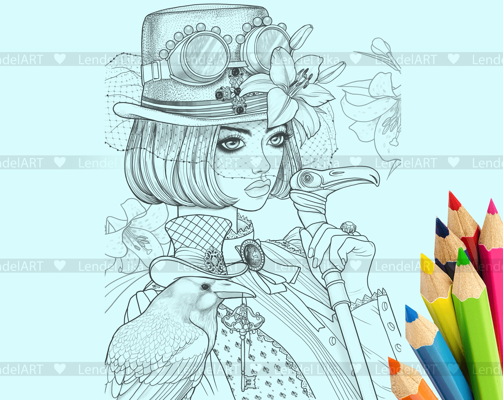 Gothic Vampire Raven Printable Coloring Page Girl Portrait - Etsy