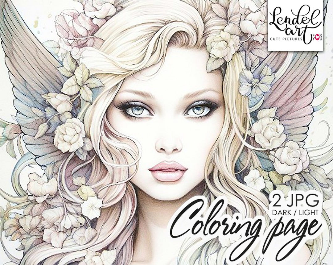 Angelic, Coloring Page for Adults, Grayscale Coloring Page, Girl ...