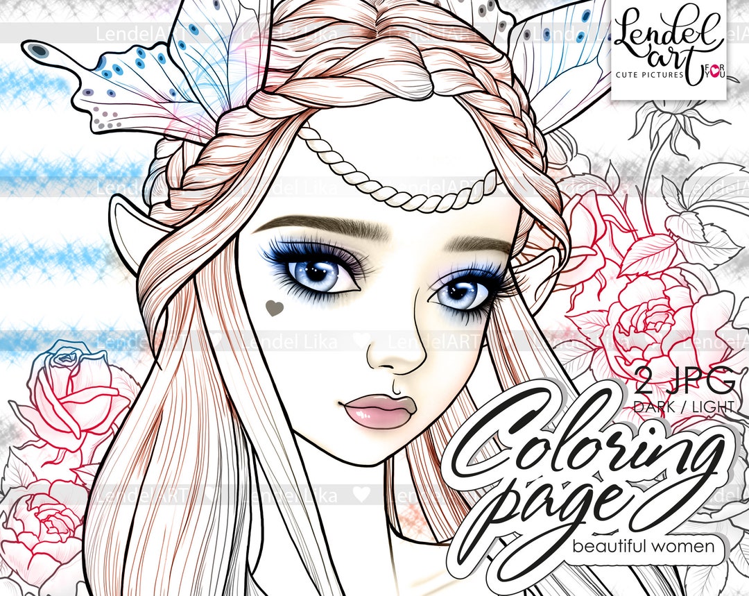 Printable Coloring Page Girl Portrait, Coloring Page for Adults, Elf ...