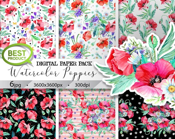 Seamless Poppy Digital Paper Digital Paper Pack Watercolor | Etsy
