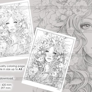 Spring, Coloring Page for Adults, Grayscale Coloring Page, Girl ...