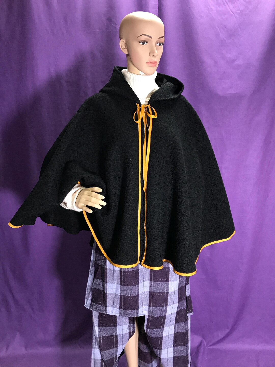Mid-length Cape in Black PURE WOOL With Rounded Hood and Handmade High ...