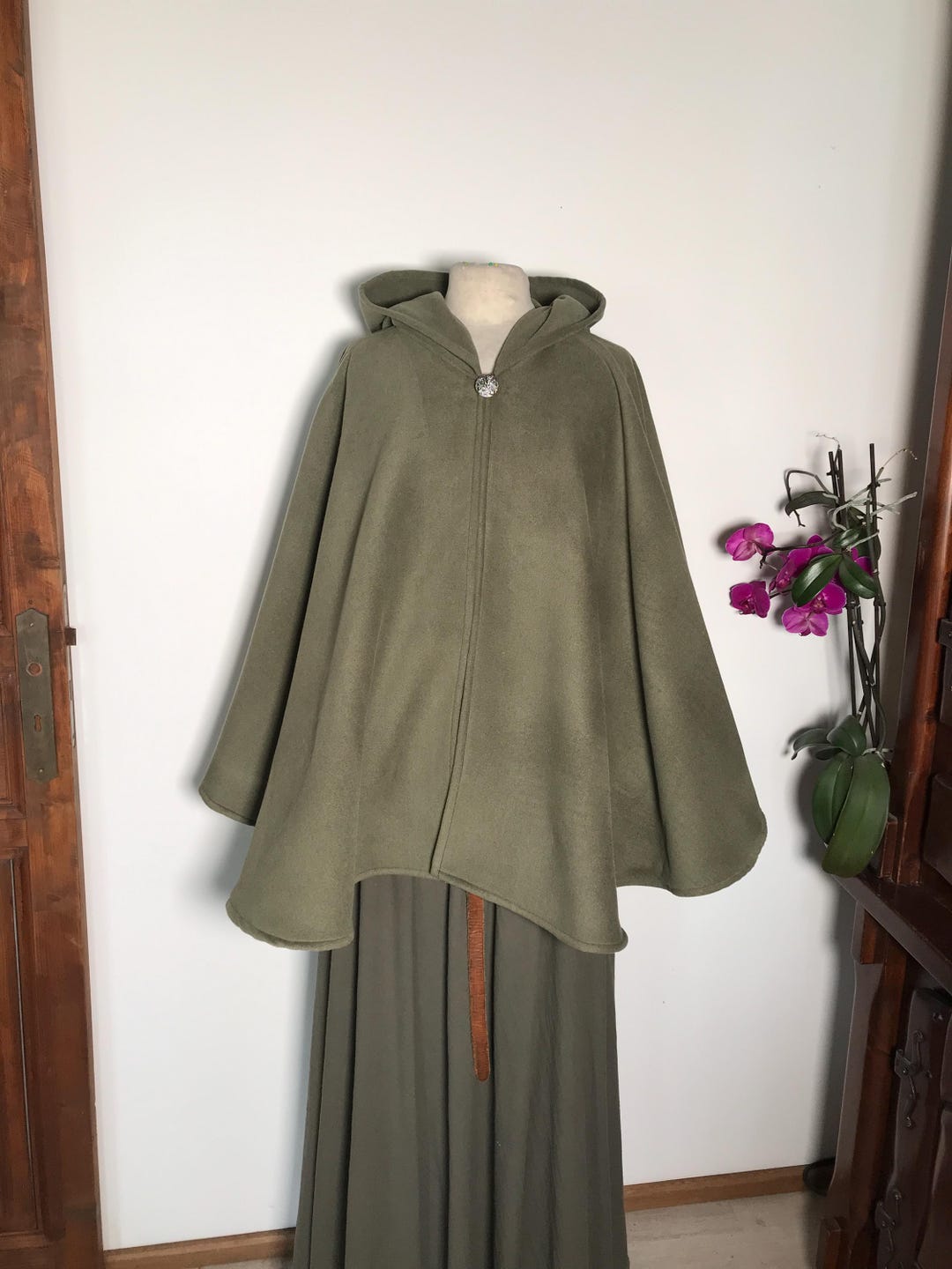 Khaki Wool Pea Coat Mid-length Cape – Elven Hood & Brooch – Handmade ...