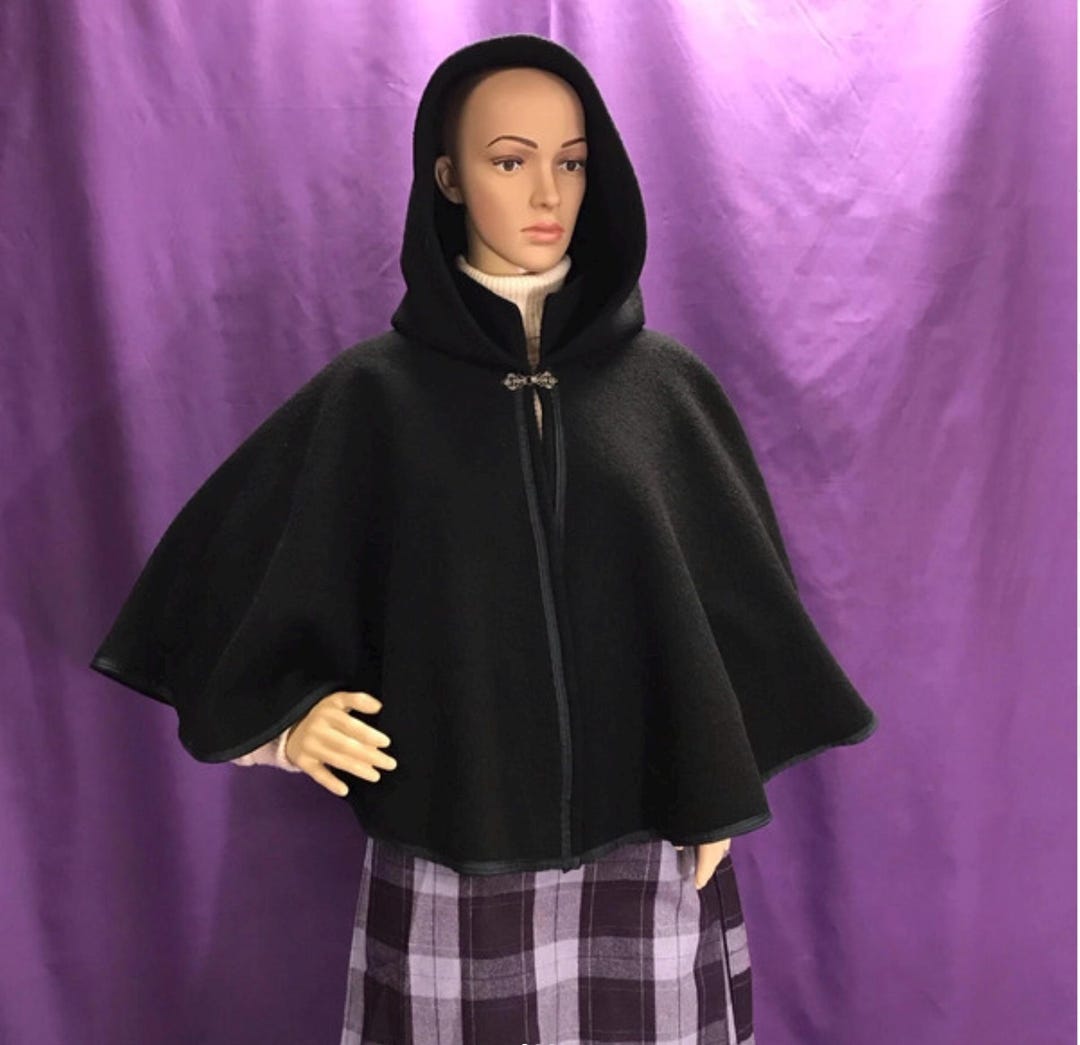 Black PURE WOOL Cape With Collar Border and Handmade Hook Clasp, Black ...