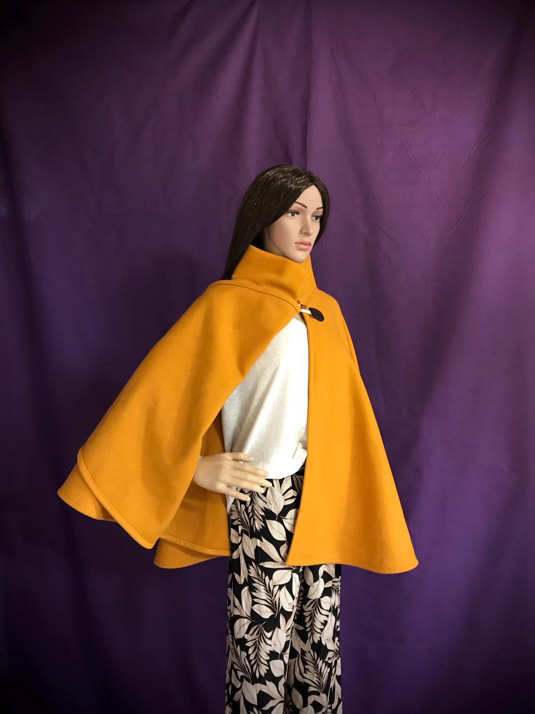 Mustard Yellow Wool Cape, Mid-length Cape With Collar and Brandenburg ...