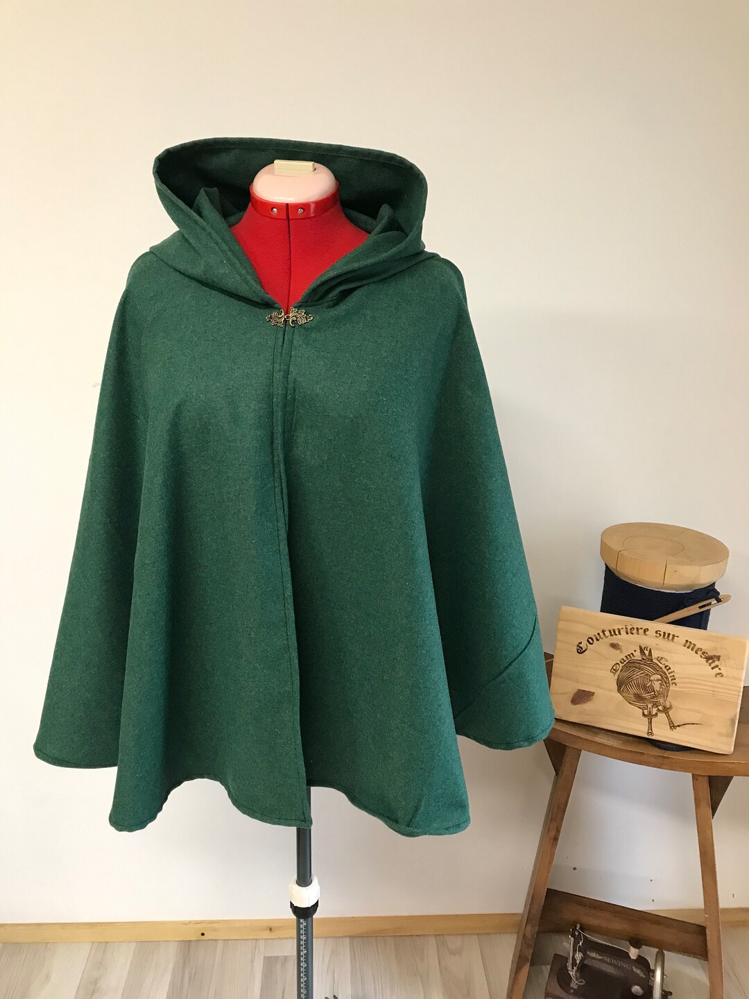 Mid-length Cape With Fir Green Buttocks in Fine Wool and Crochet, Green ...