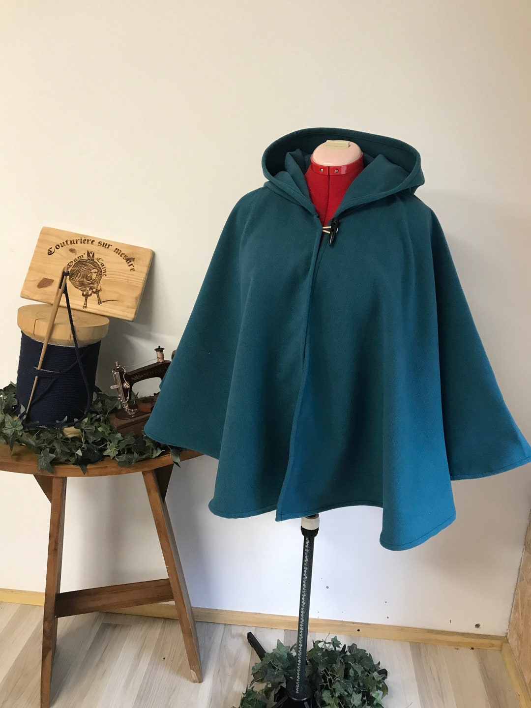 Cape, Short Hooded Cape, Pilgrim, Medieval Cape in Petrol Blue Peacoat ...