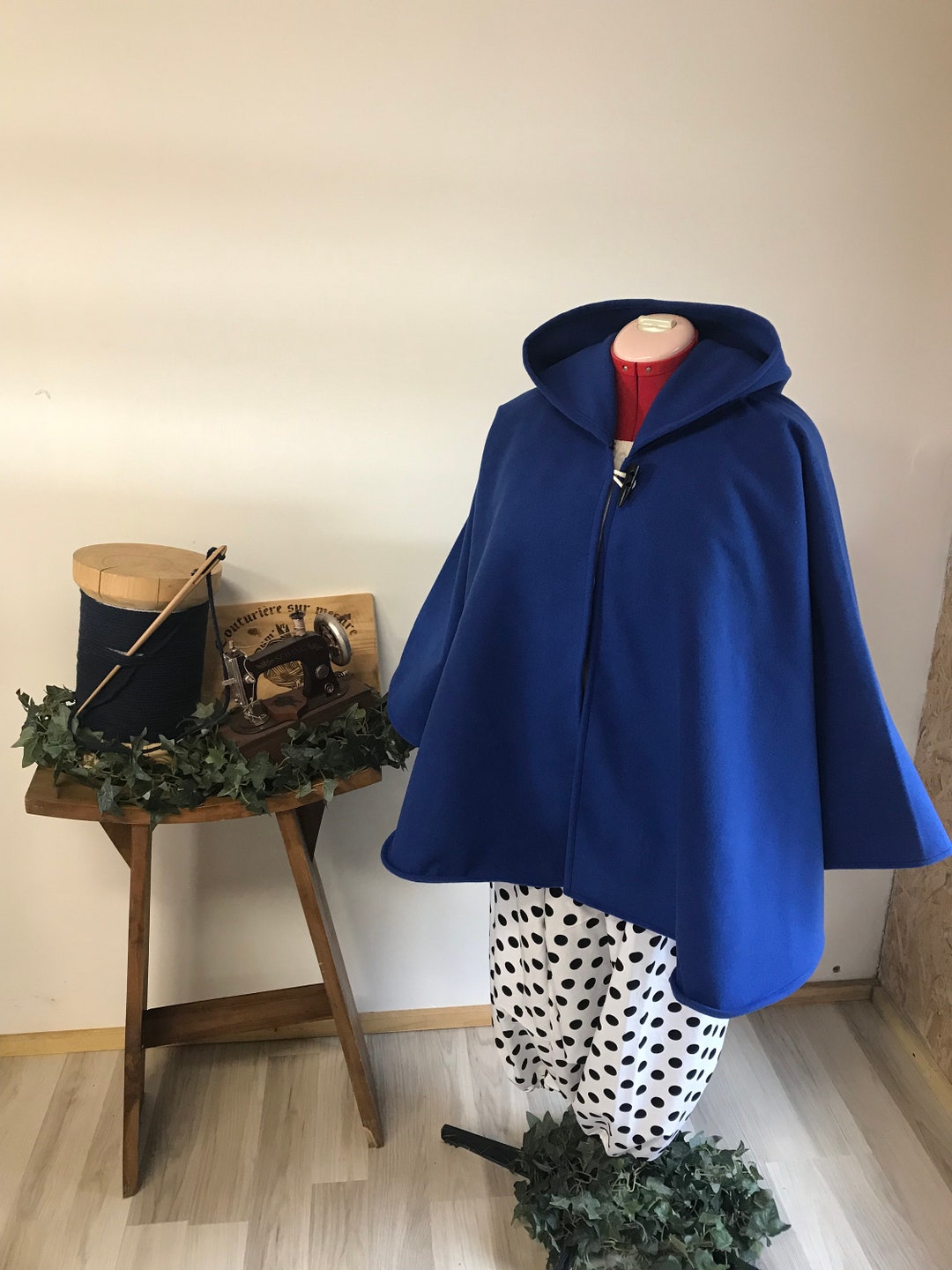 Mid-length Wool Cape With Hood, Short Royal Blue Hooded Cape, Blue ...