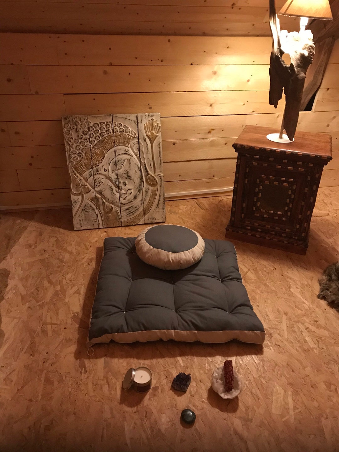 Traditional Zafu and Zabuton Set in Gray Linen and Beige Linen, Floor ...