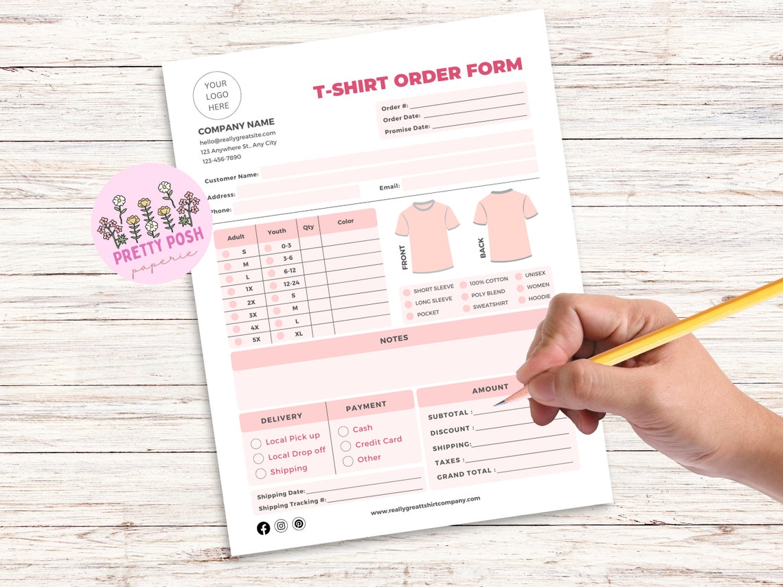 Editable T-shirt Order Form, Printable Small Business Order Form ...