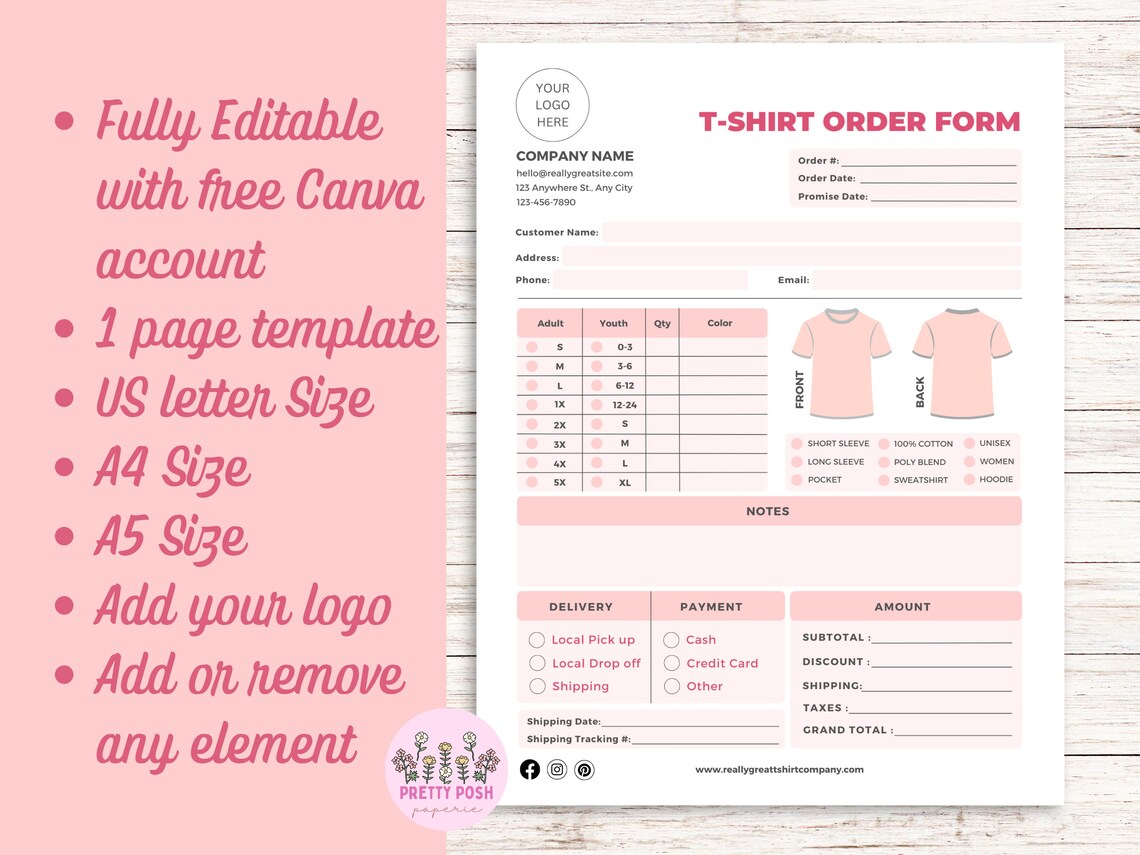 Editable T-shirt Order Form, Printable Small Business Order Form ...