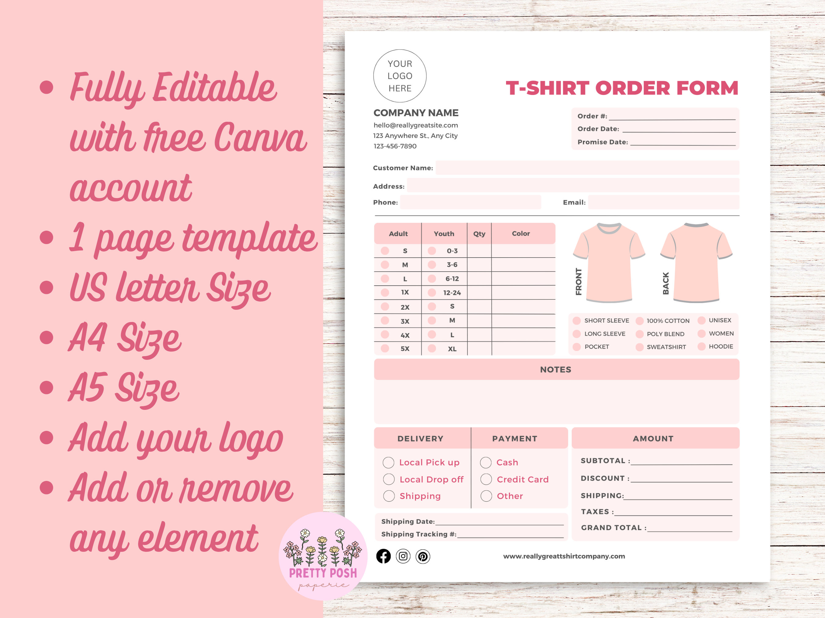 Editable T-shirt Order Form, Printable Small Business Order Form ...