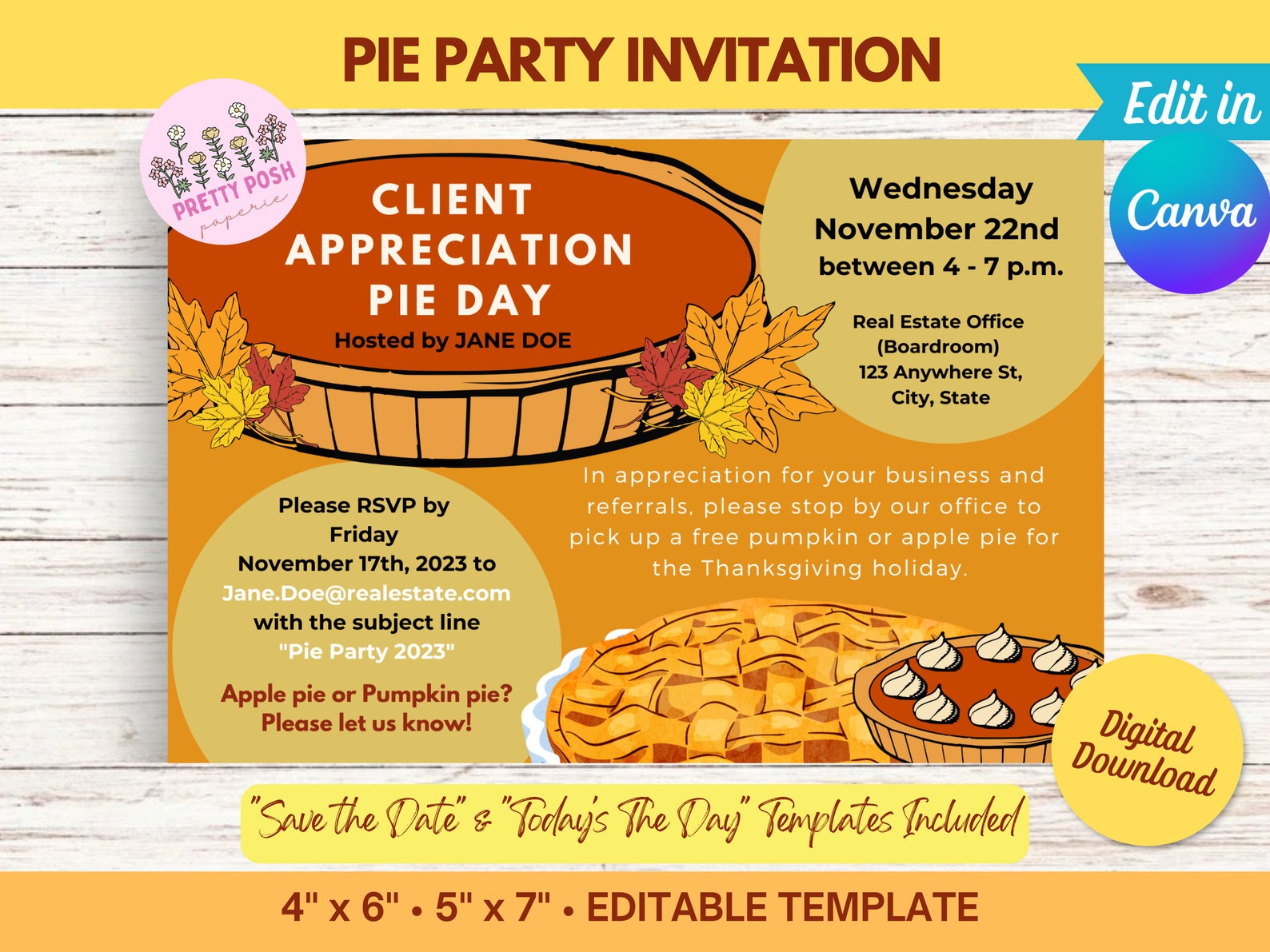 Editable Pie Party Invitation, Pie Day Party, Small Business, Client ...