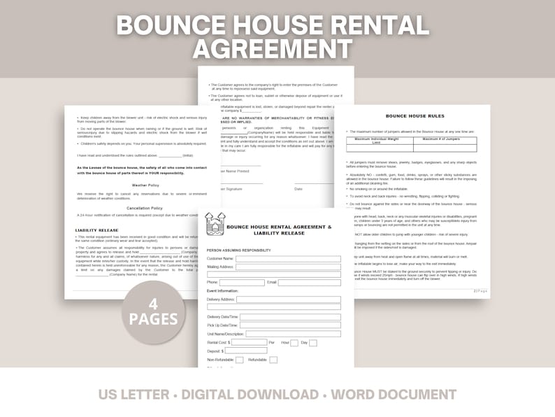 Editable Bounce House Rental Agreement, General Liability Waiver ...