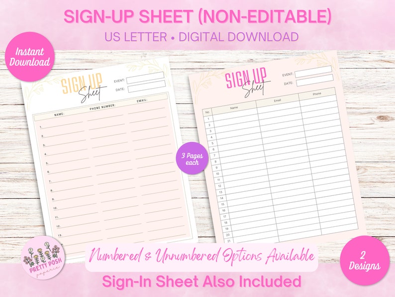 Printable Sign-up Sheet & Sign-in Sheet, Small Business Sheets, Event ...