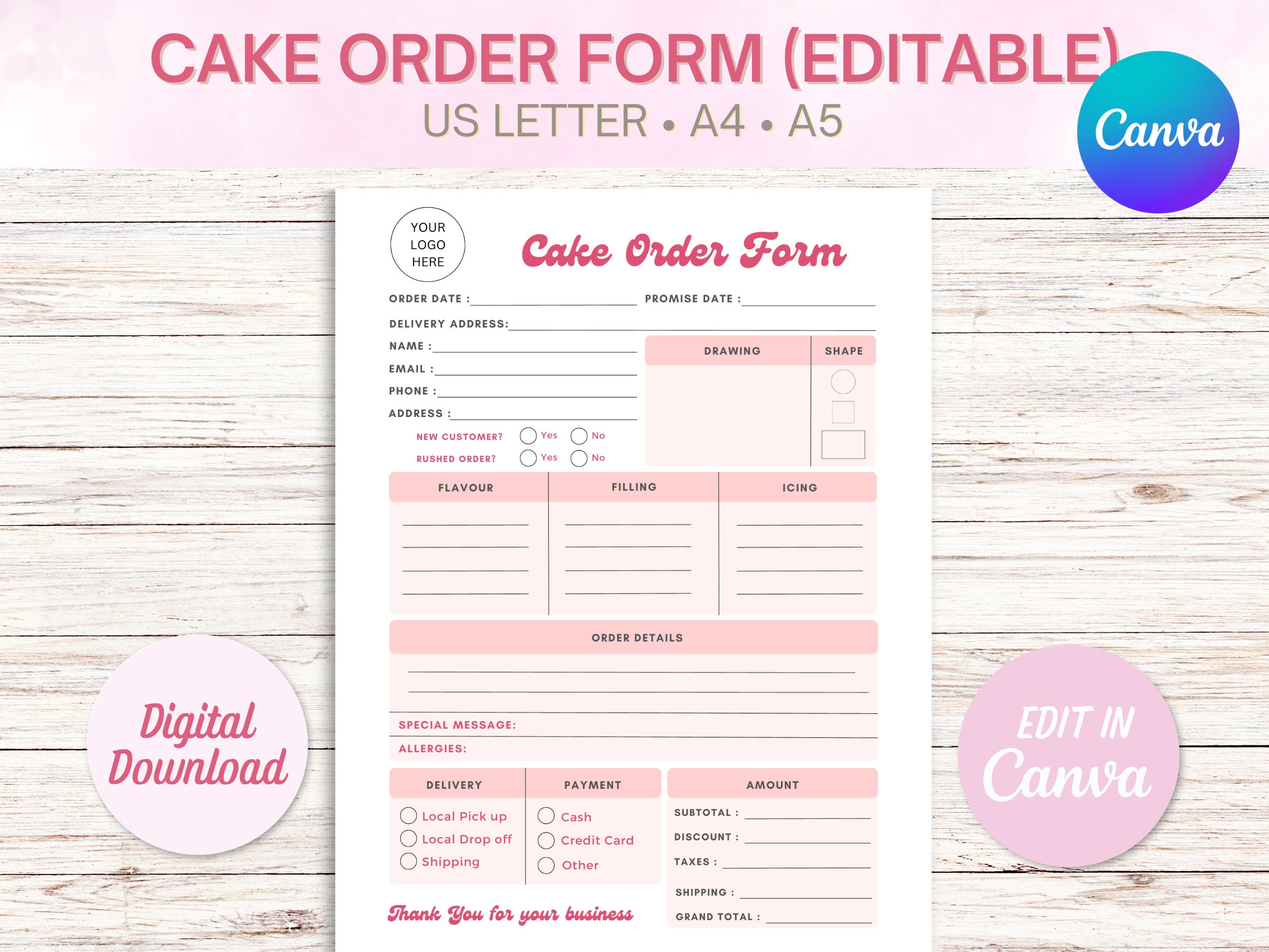 Editable Cake Order Form, Bakery Order Form, Small Business Forms, Cake ...