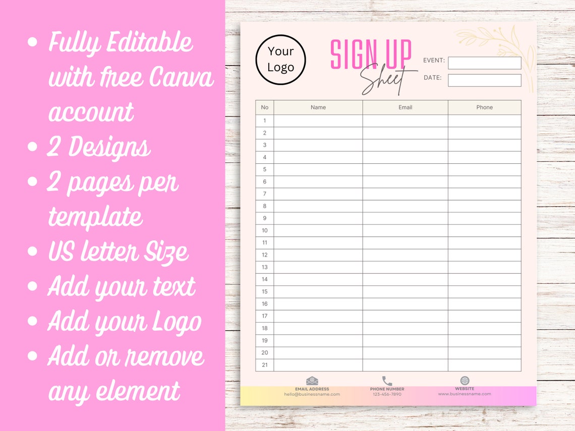 Editable Sign up Sheet, Sign in Sheet, Small Business Sheets, Event ...