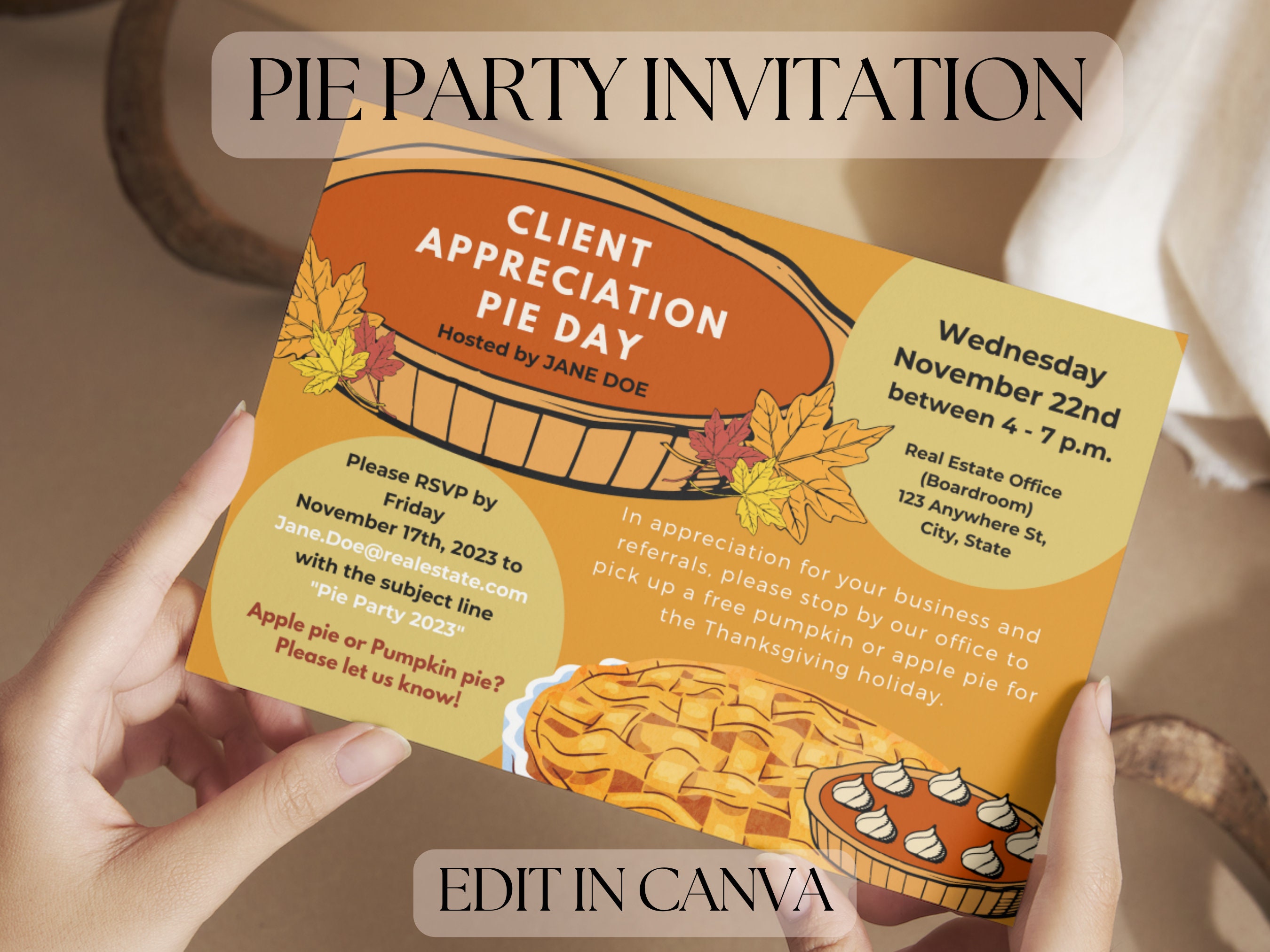 Editable Pie Party Invitation, Pie Day Party, Small Business, Client ...