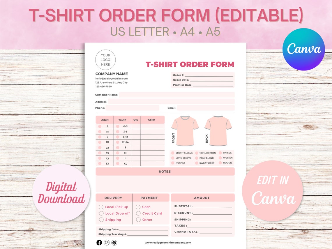 Editable T-shirt Order Form, Printable Small Business Order Form ...