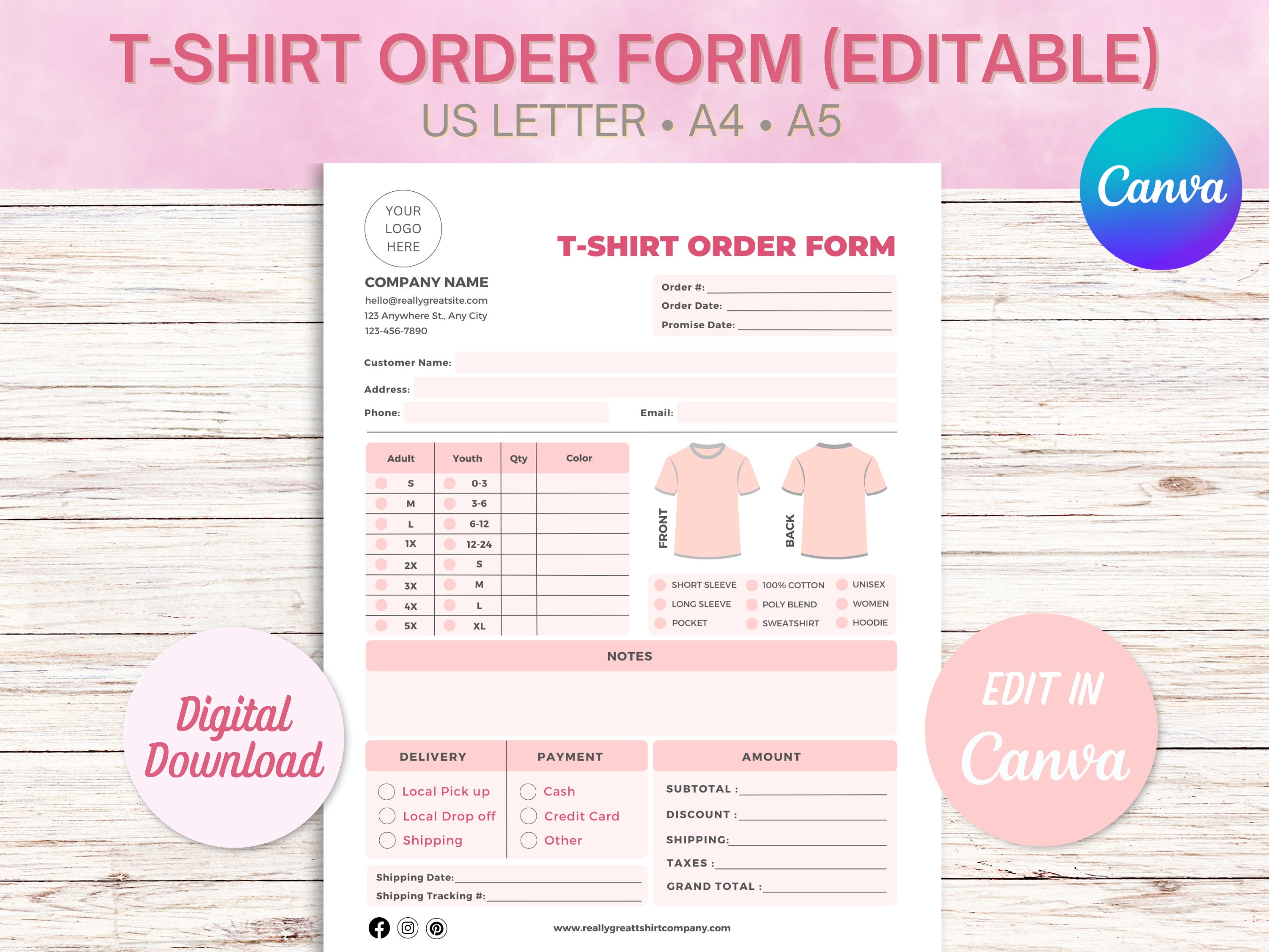 Editable T-shirt Order Form, Printable Small Business Order Form ...