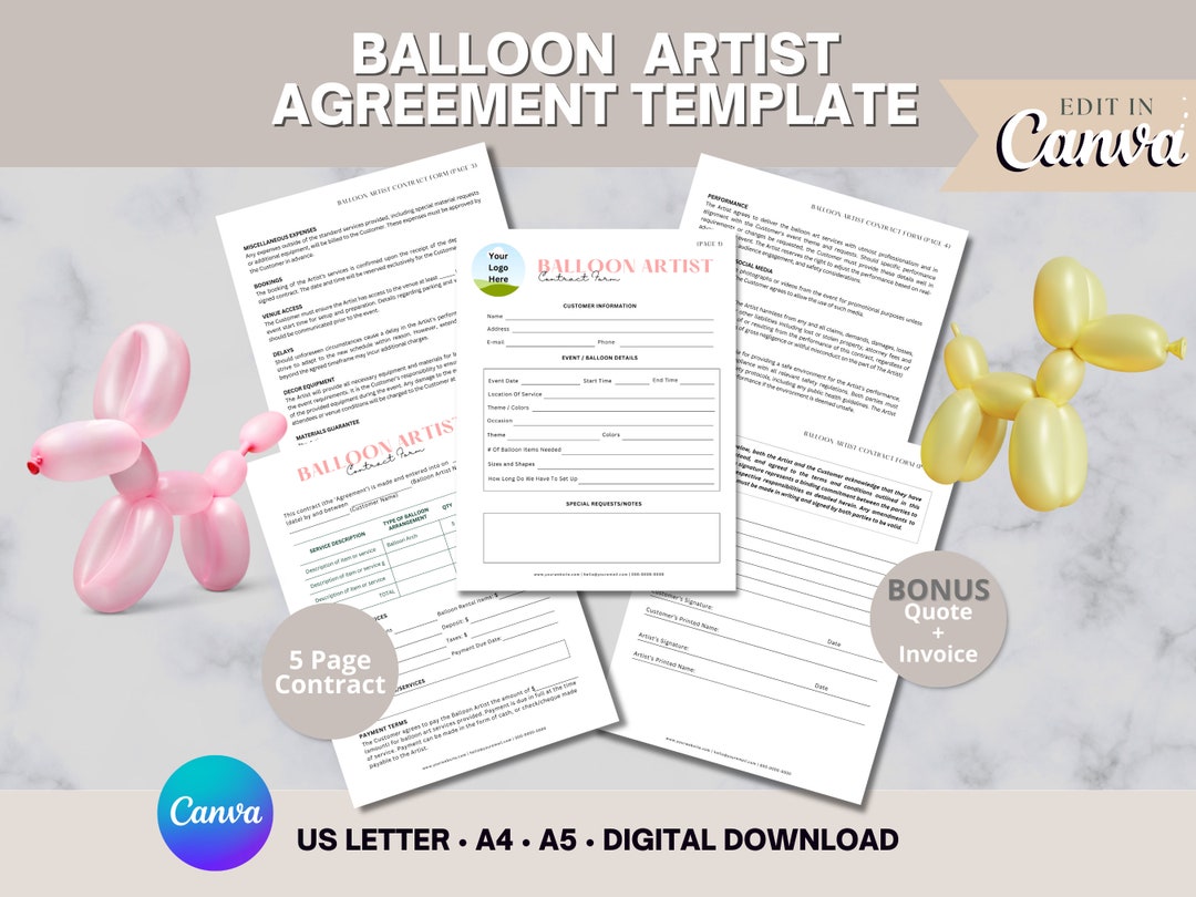 Balloon Artist Contract Canva Template, Balloon Order Form, Balloon ...