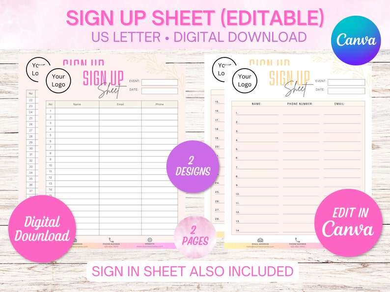 Editable Sign up Sheet, Sign in Sheet, Small Business Sheets, Event ...