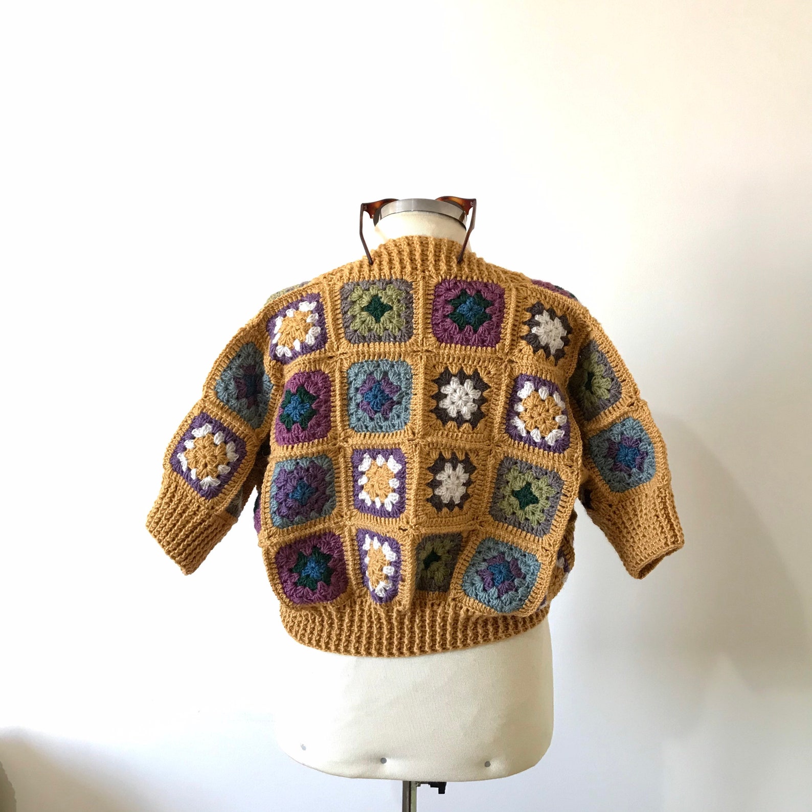 Patchwork Crop Sweater, Granny Square Crochet Afghan Short Sleeve ...