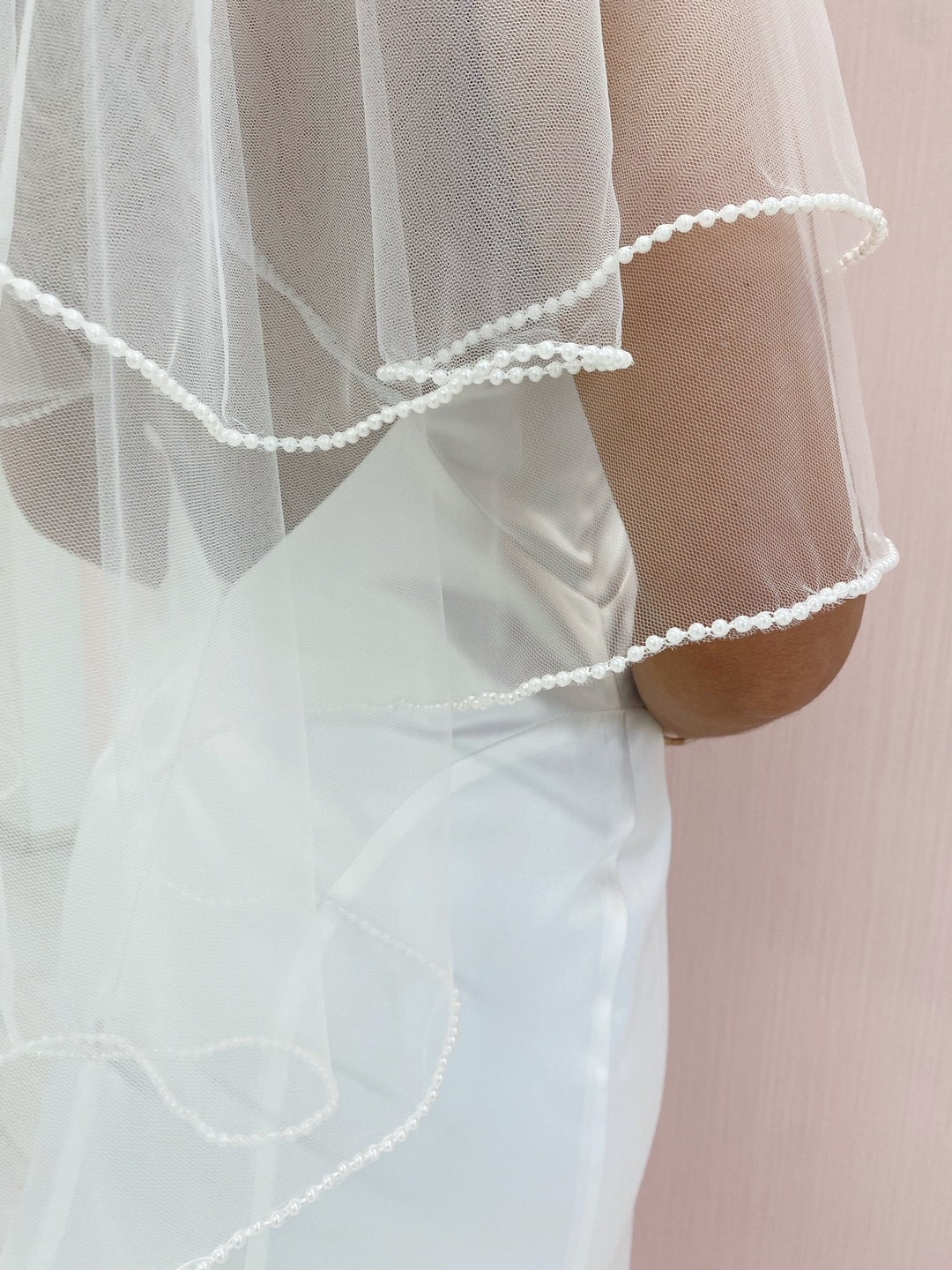Pearl Edge Veil, Beaded Edge Bridal Bridal Veil, Pearl Veil, Hip Lenght ...