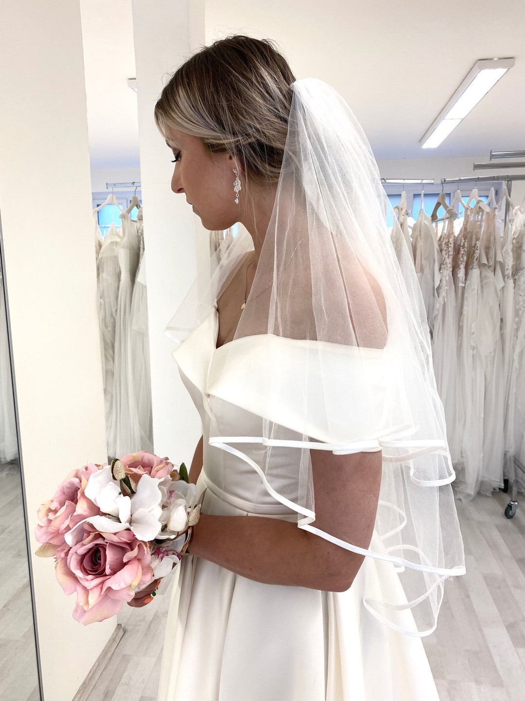 Satin Ribbon Edge Wedding Veil: Two Layer Tulle Bridal Veil - Etsy