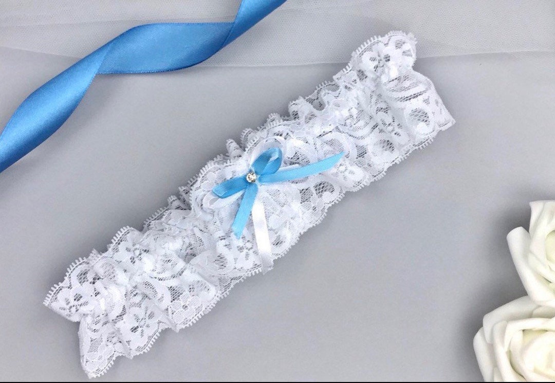 Lace Bridal Garter: White Lace, Blue Bow, Rhinestone - Handmade - Etsy