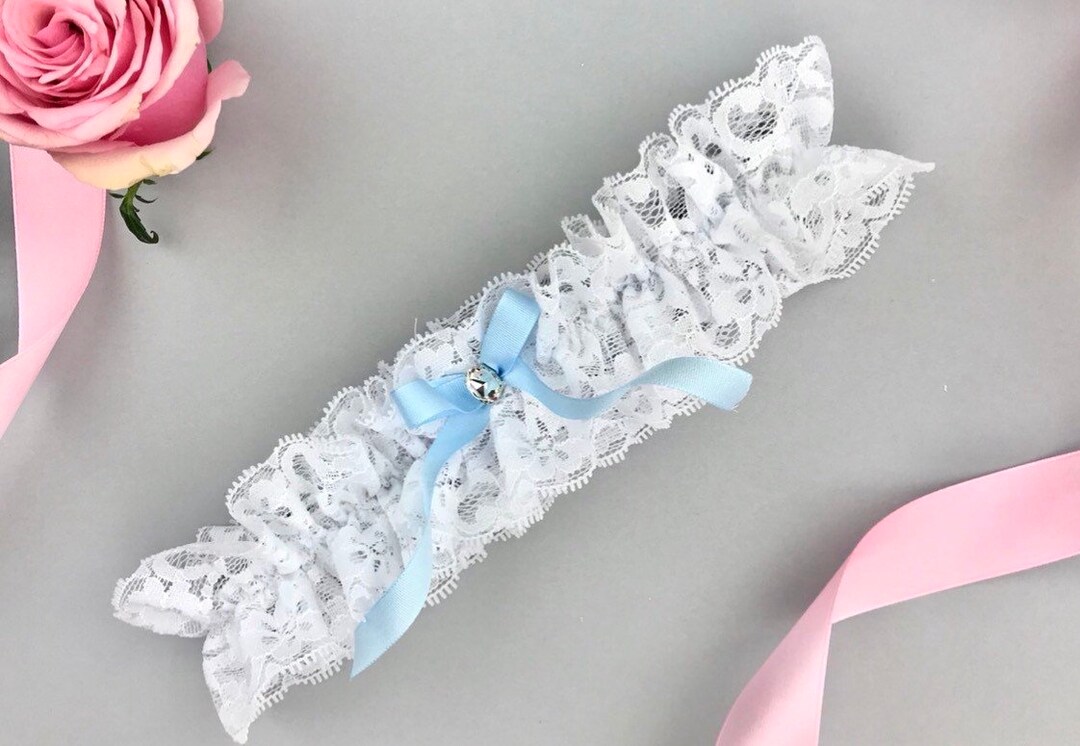 Lace Bridal Garter: White Lace, Blue Bow, Rhinestone Detail - Etsy