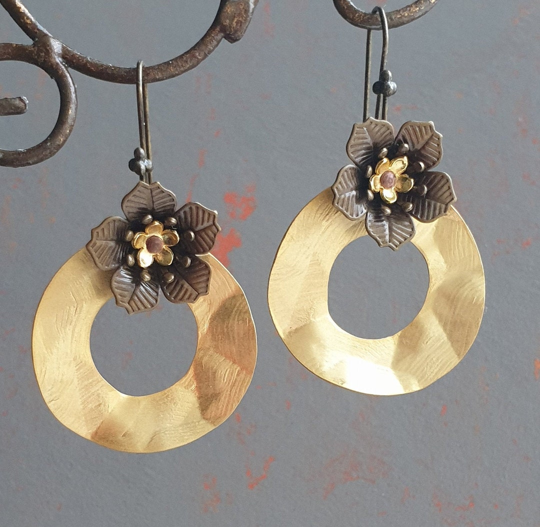 Earring Featuring a Copper Flower and a Gold Hoop. Earwire Hook or Mini ...