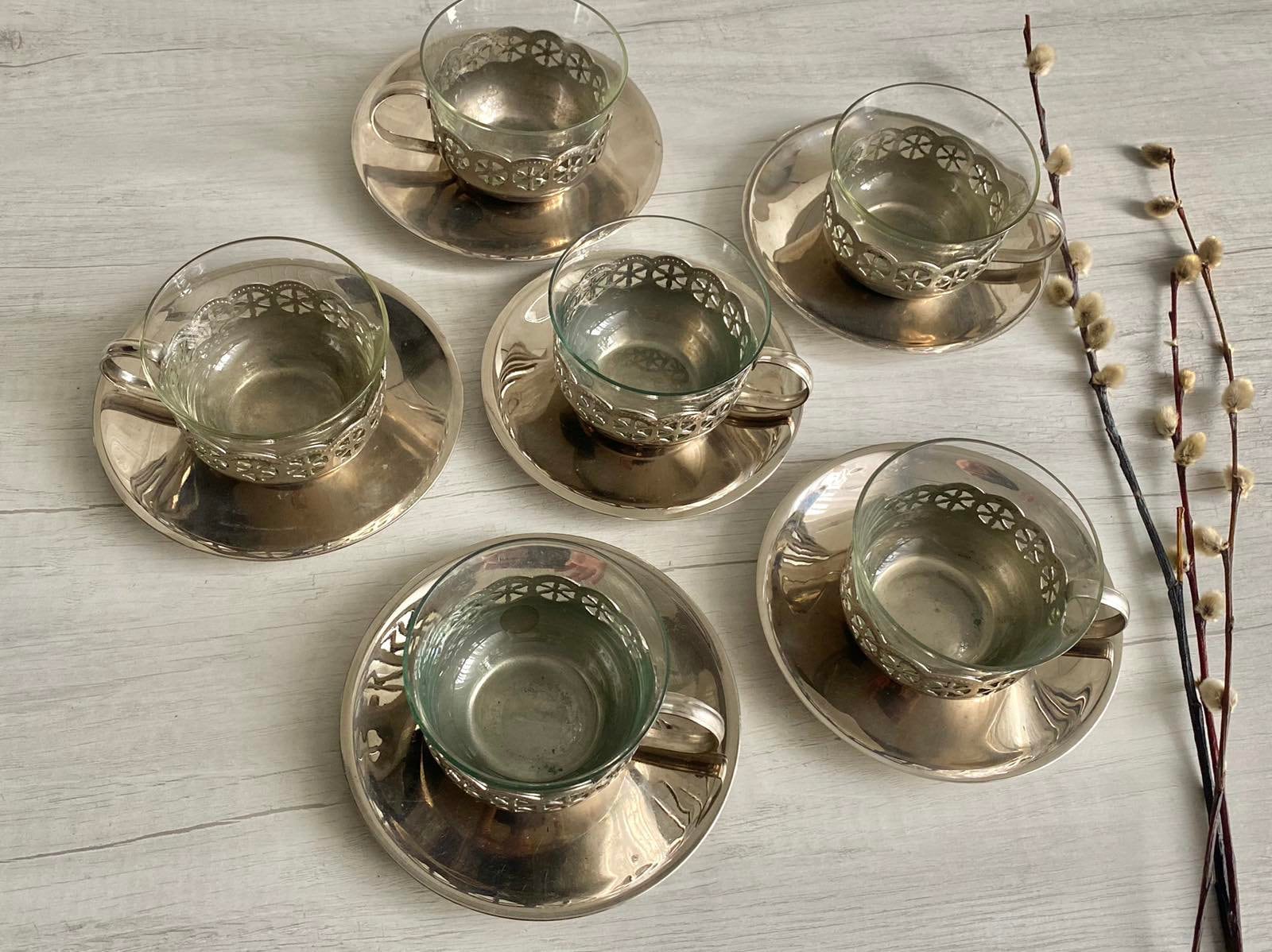 Vintage Set Of 6 Tea Glass Holders With Saucers Metal Etsy
