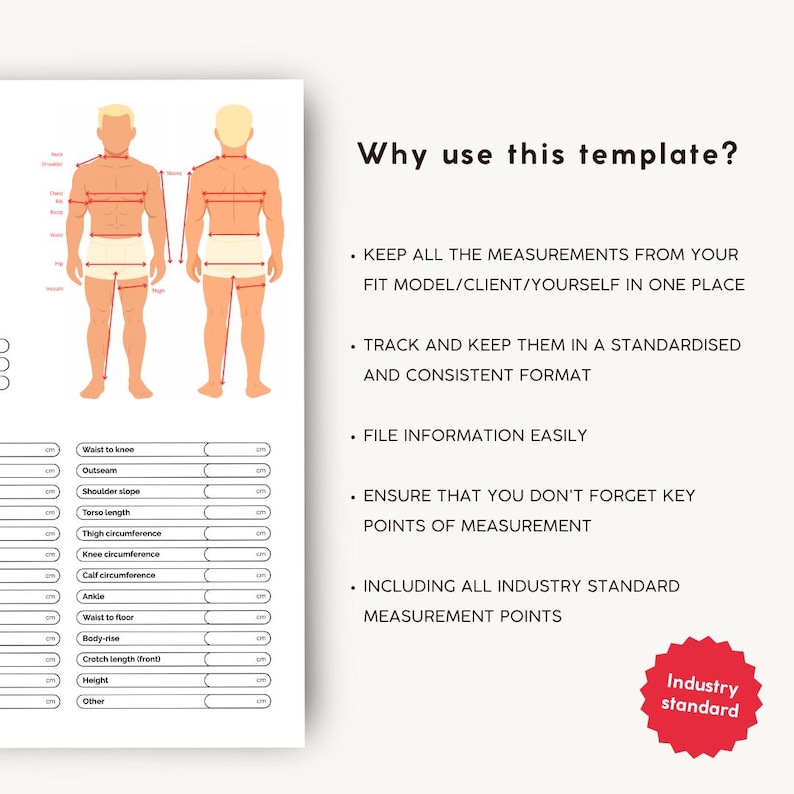 Men's Body Measurement Chart: Seamstress Client Record + Croquis ...