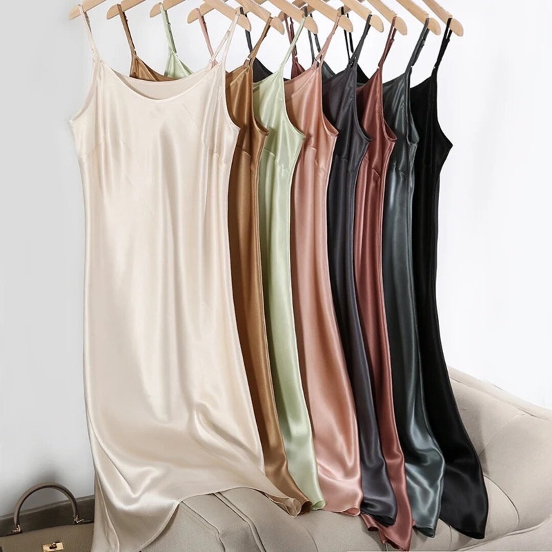 100% Mulberry Silk Slip Summer Dress Bias Cut Night Pajamas Adjustable ...