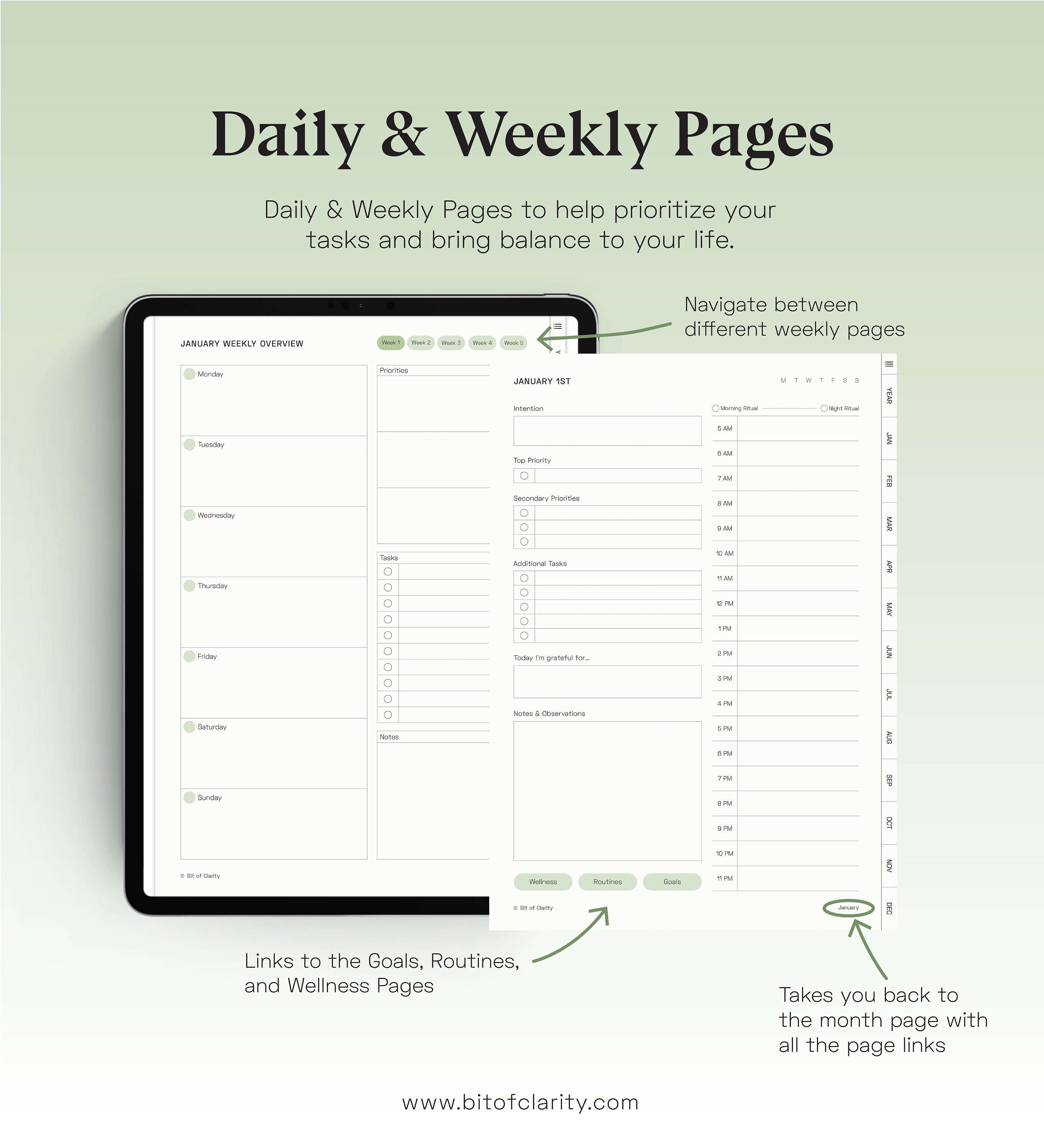 Undated Minimalist Daily Digital Planner in Green | Intentional Living ...