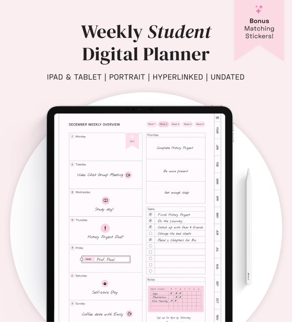 Undated Weekly Student Digital Planner in Pink Ipad & Tablet | Etsy