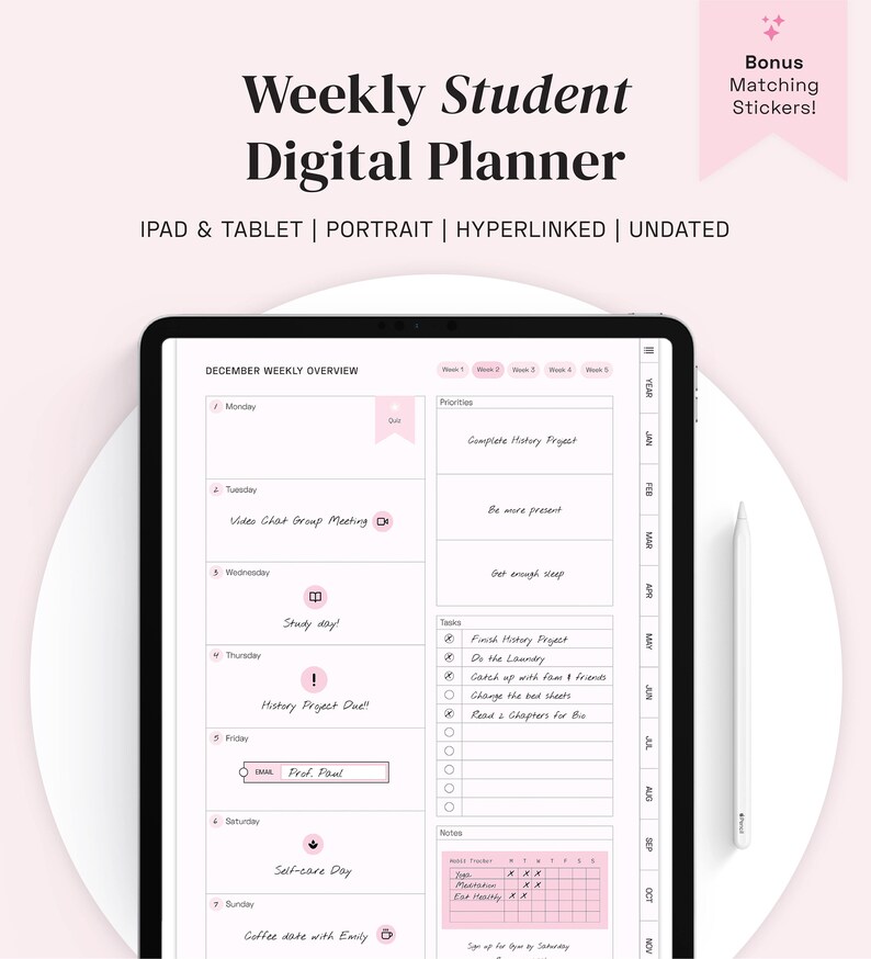 Undated Weekly Student Digital Planner in Pink | iPad & Tablet ...