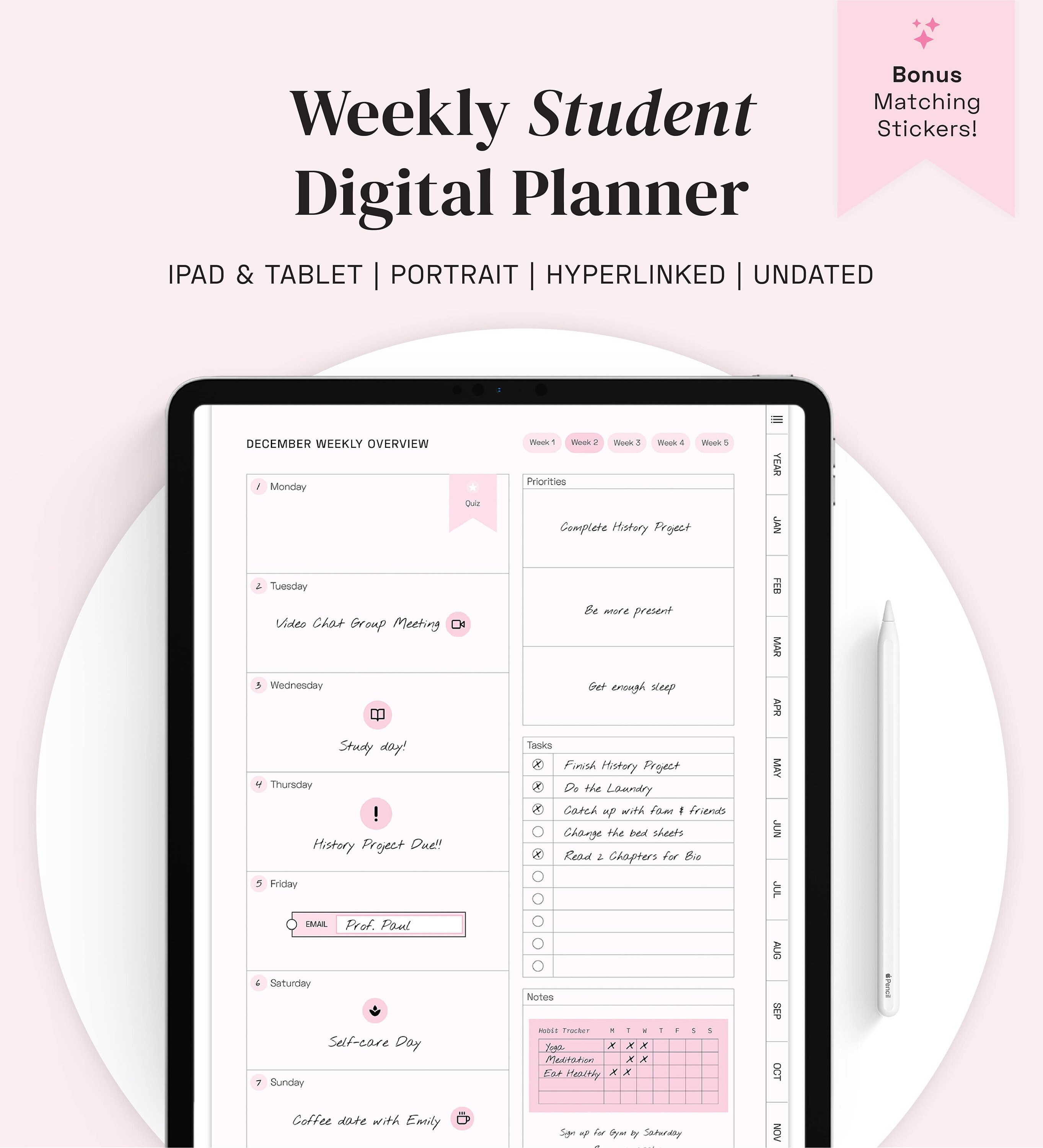 Undated Weekly Student Digital Planner in Pink | iPad & Tablet ...