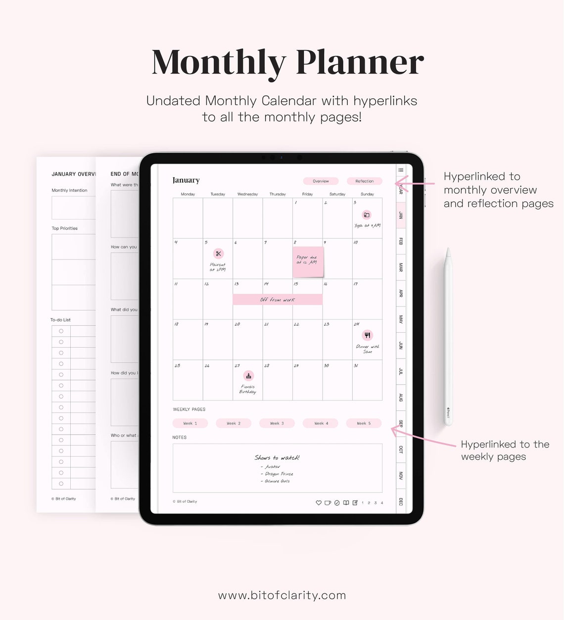 Undated Weekly Student Digital Planner in Pink | iPad & Tablet ...