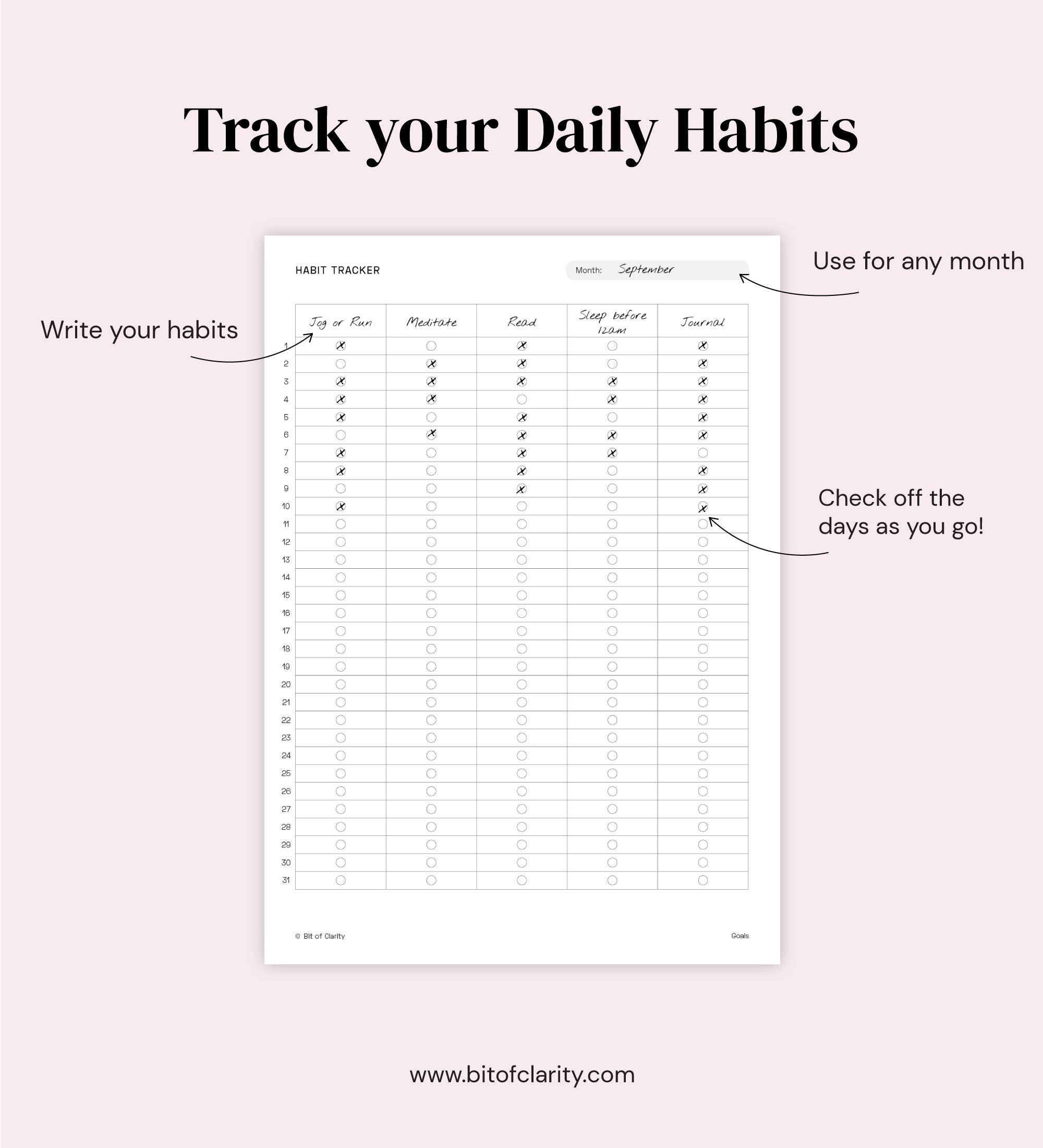 Portrait Minimalist Daily Habit Tracker Printable, 31 Days Habit ...