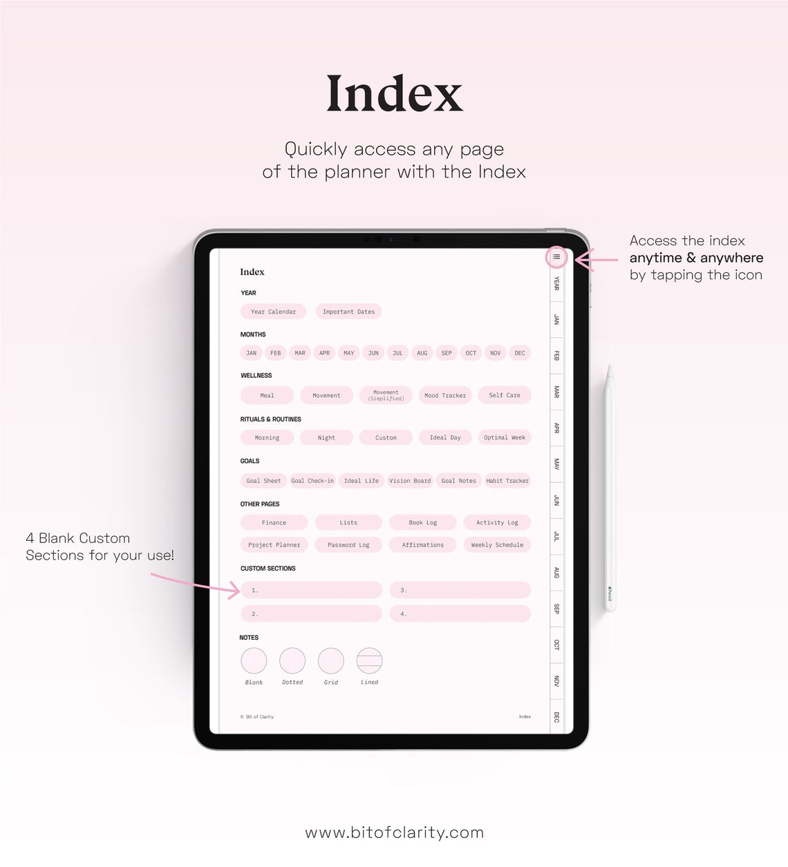 Undated Pink Daily Digital Planner for Goodnotes, Notability, Xodo ...