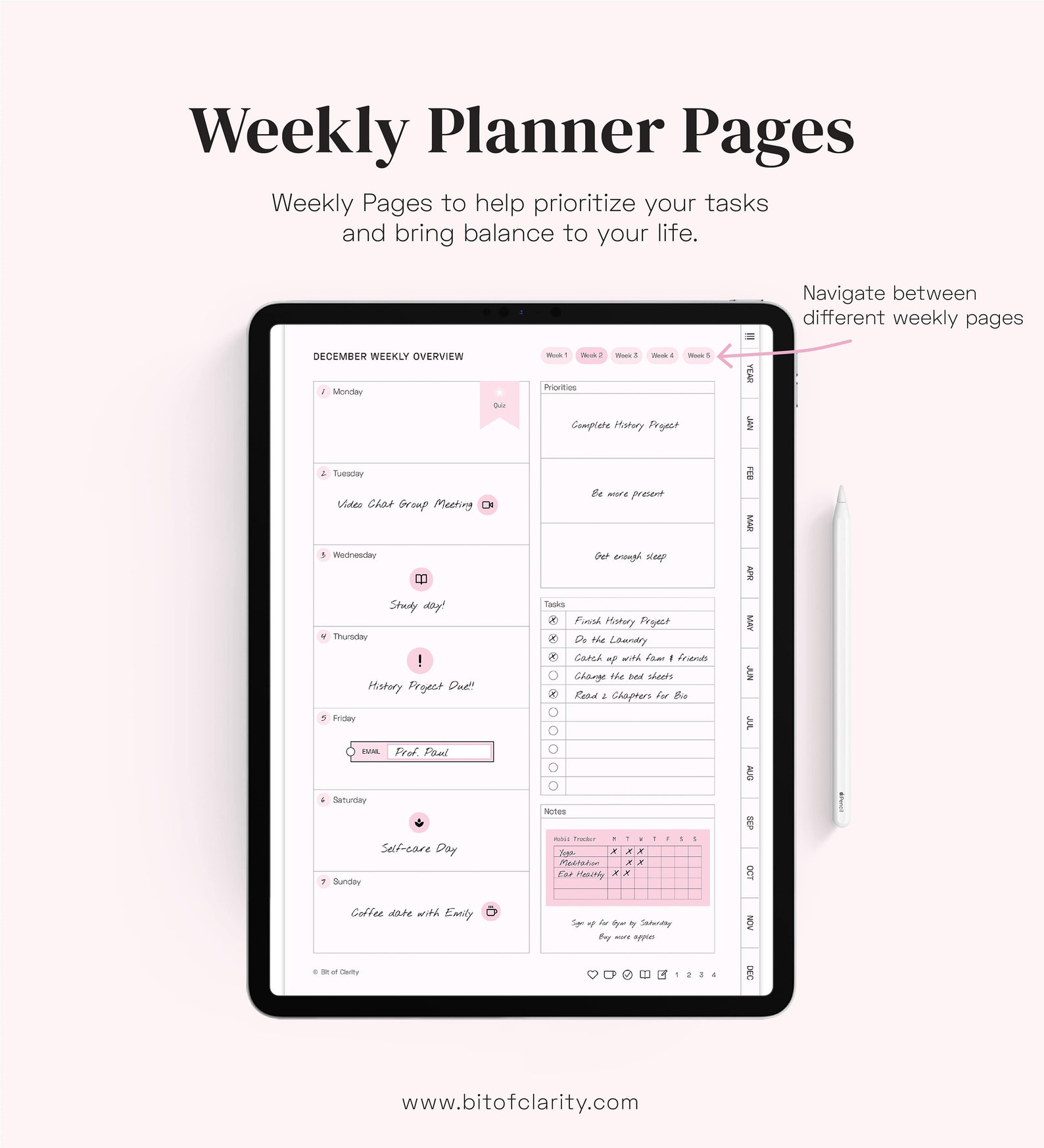 Undated Weekly Student Digital Planner in Pink | iPad & Tablet ...