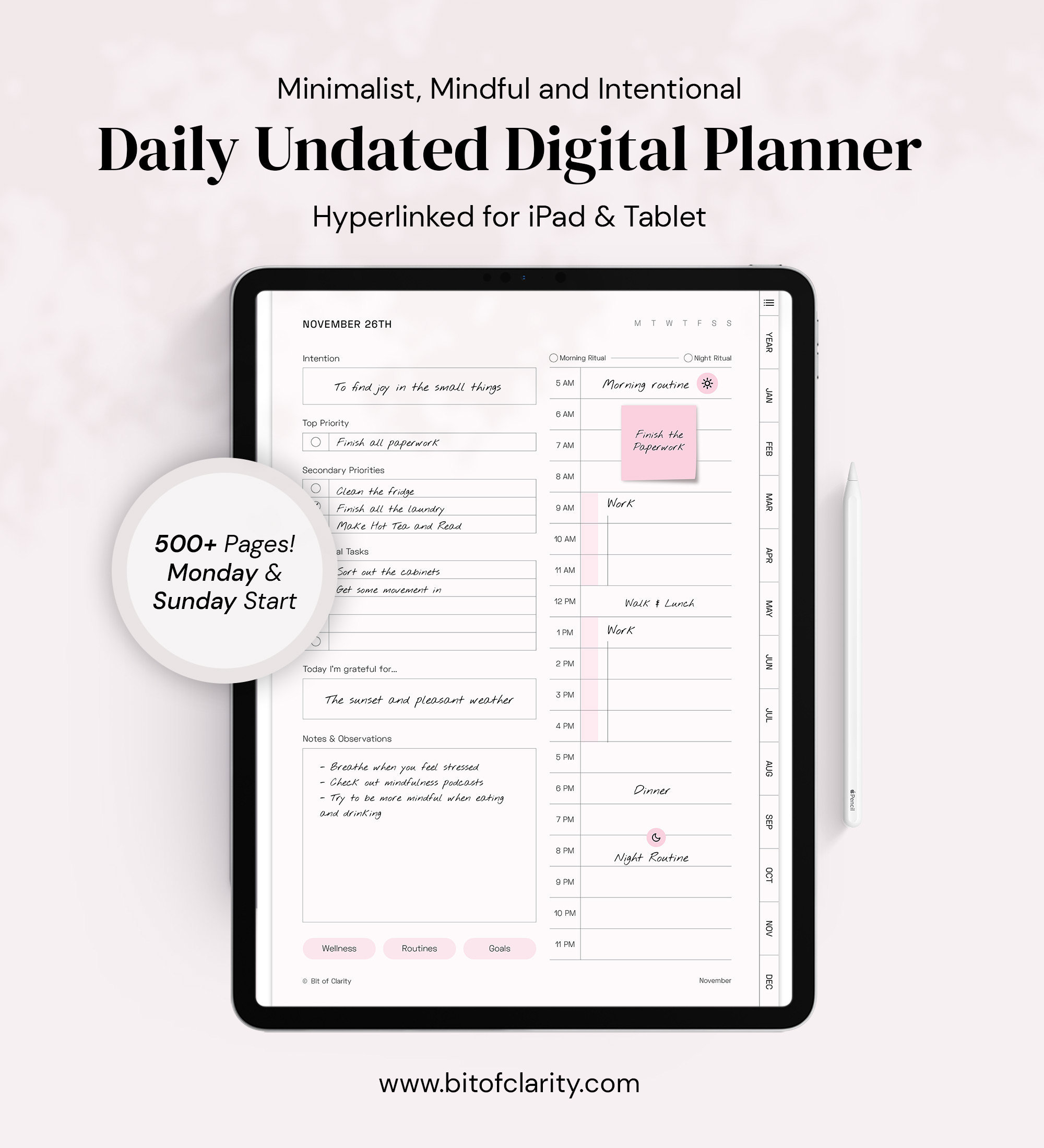 Undated Pink Daily Digital Planner for Goodnotes, Notability, Xodo ...