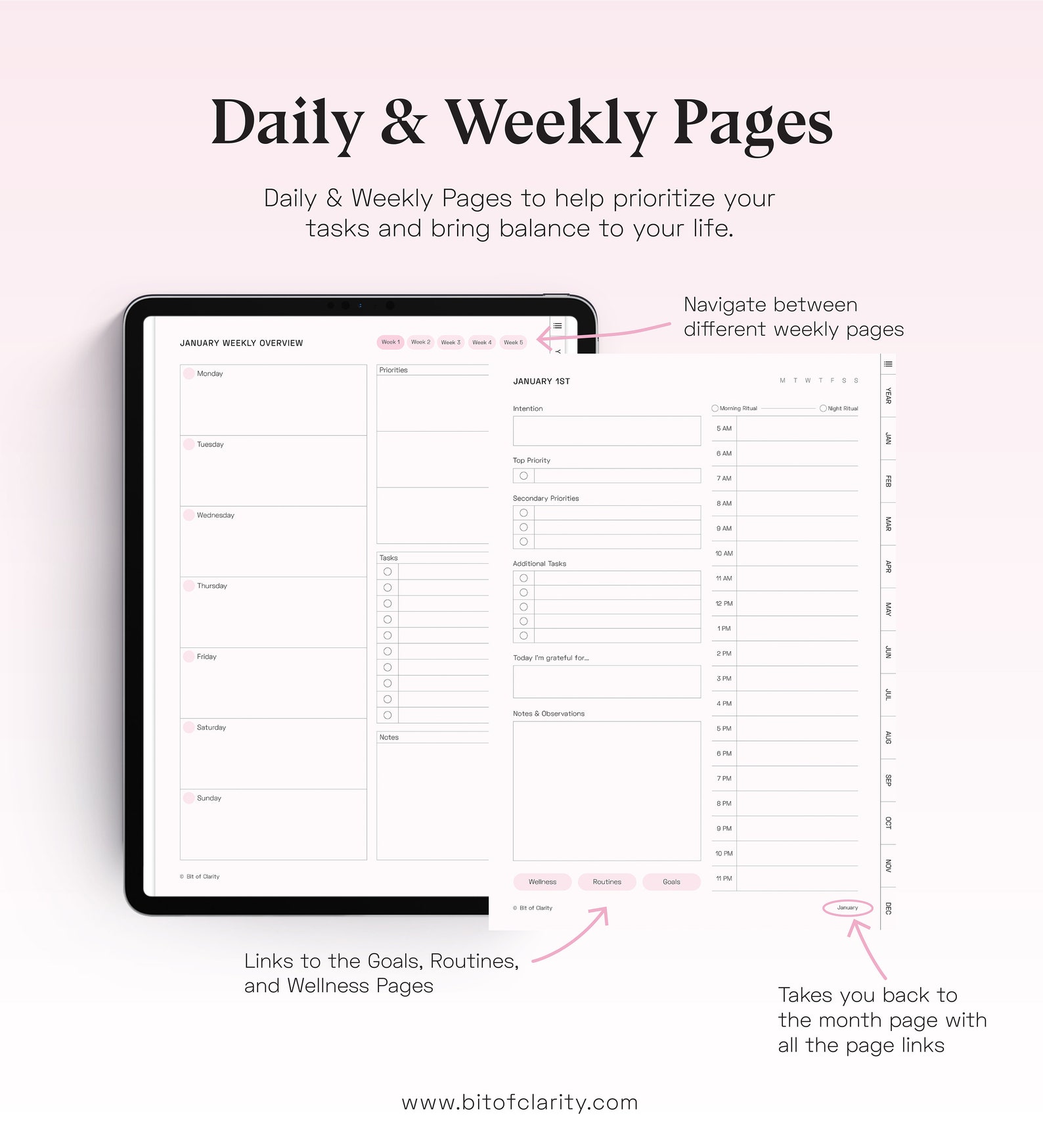 Undated Pink Daily Digital Planner for Goodnotes, Notability, Xodo ...