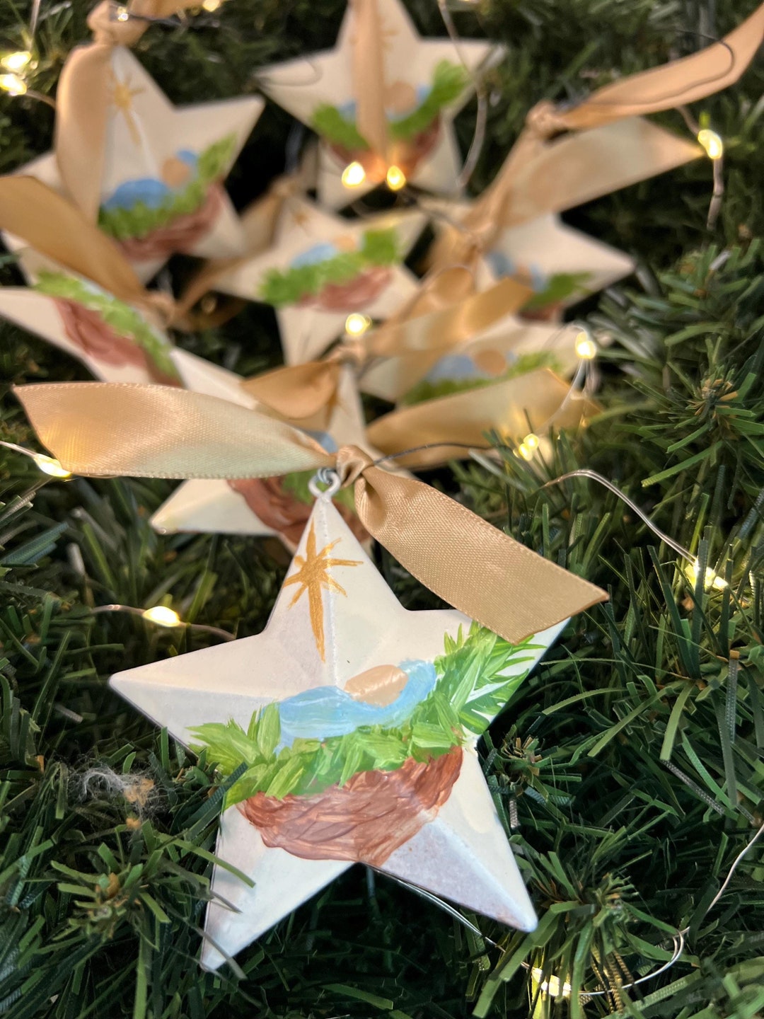 Handpainted Nativity Metal Star With Ribbon Ornament Baby Jesus ...