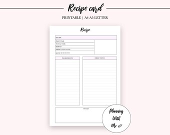 Recipe Card Printable PDF Editable Letter & A4 - Etsy