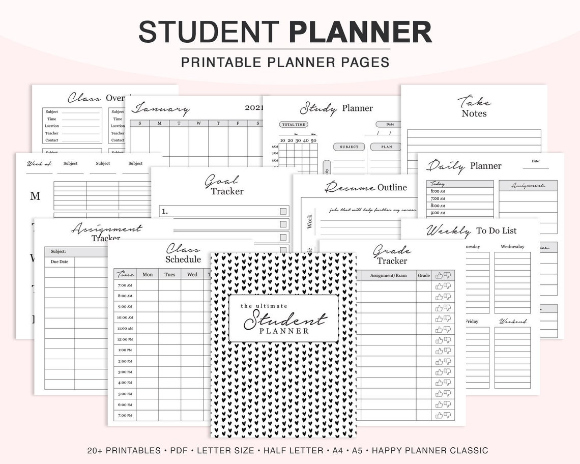 Student Planner Printable Academic Schedule Planner College Student ...