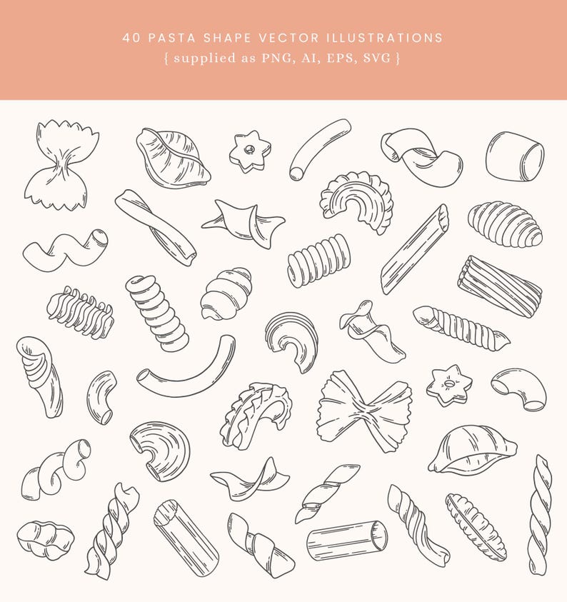 Pasta Shapes Clipart | Italian Food Vector Illustrations | Pasta SVG - Etsy