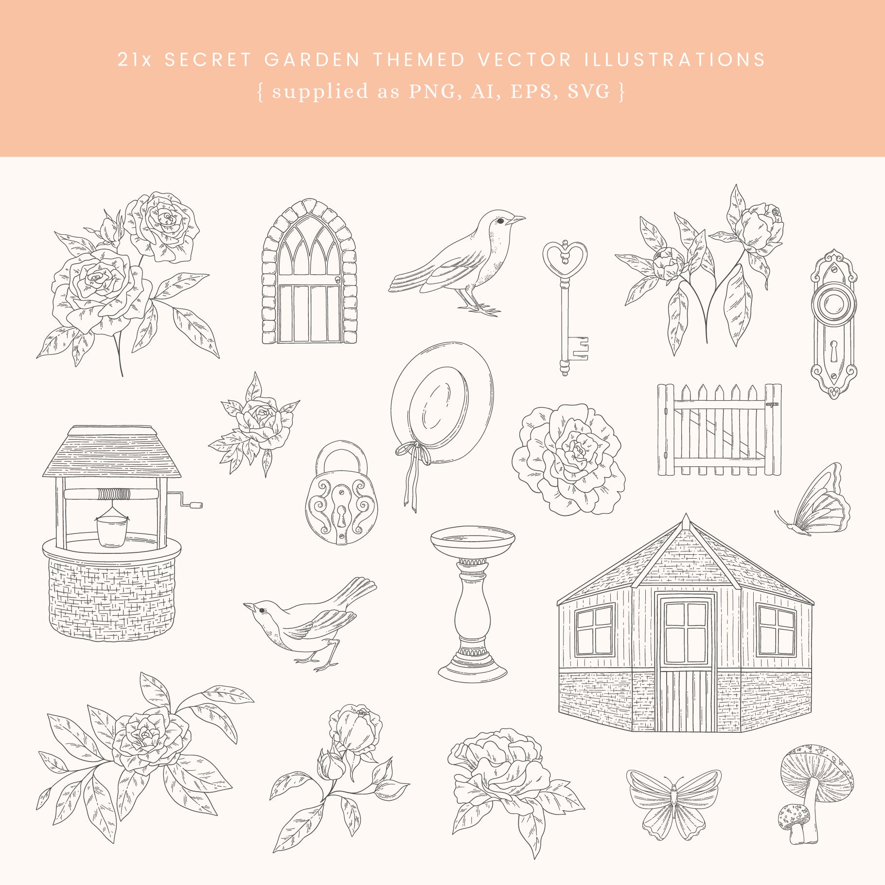 Secret Garden Floral Vector Illustrations | Clipart | SVG | PNG - Etsy